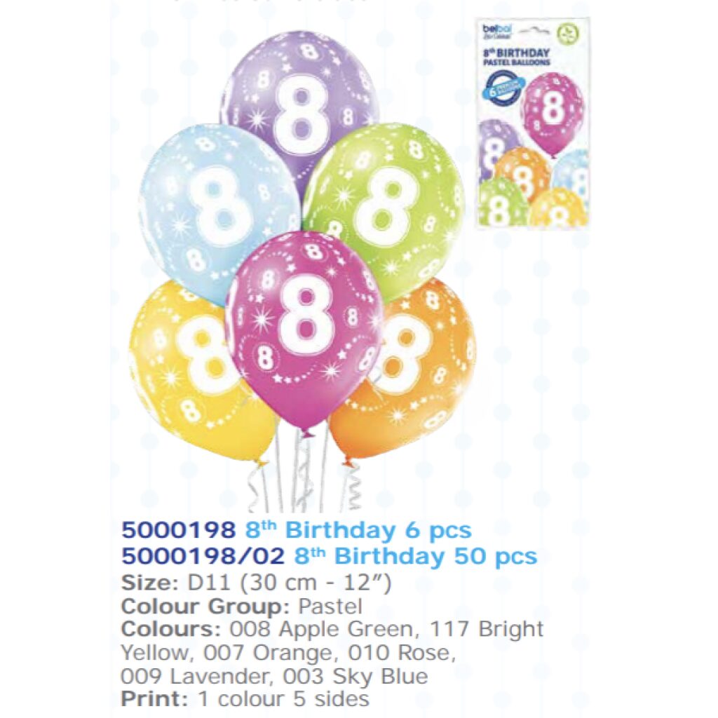 8th Birthday Balloons - 12 inch - 6 pcs (Pastel) - Biodegradable Life